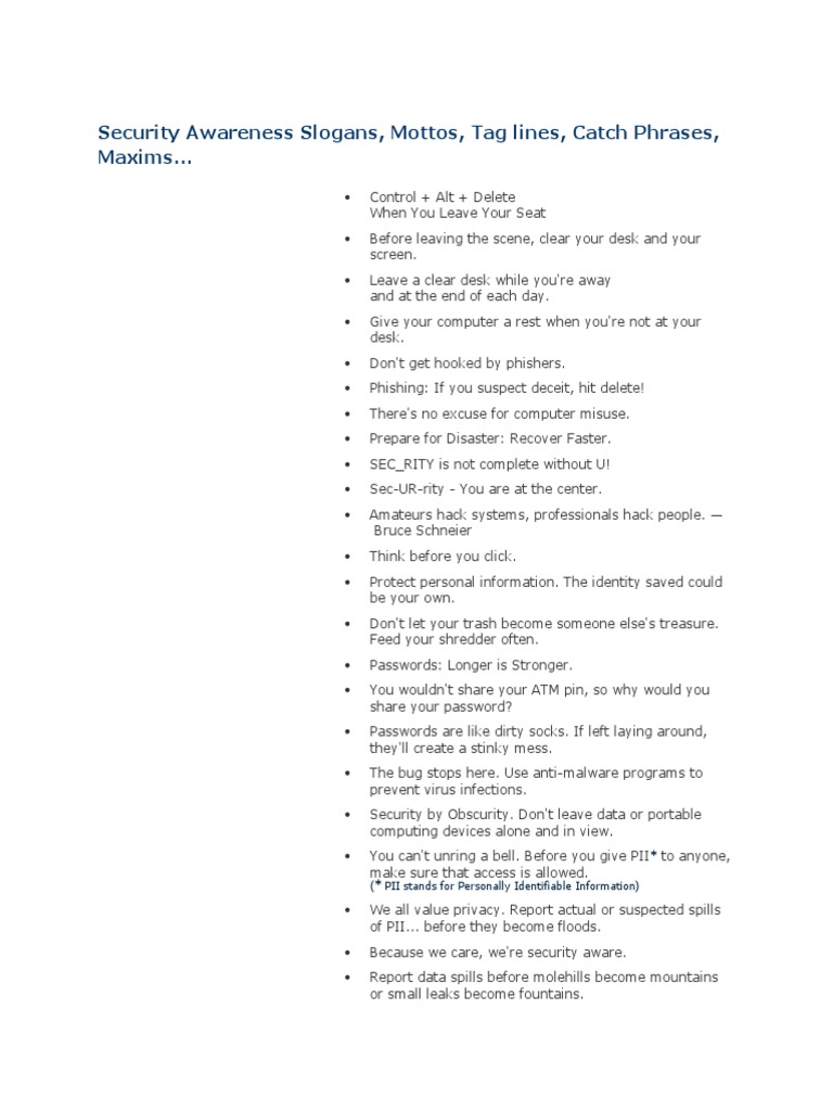 Security Awareness Slogans | PDF | Password | Intellectual Property
