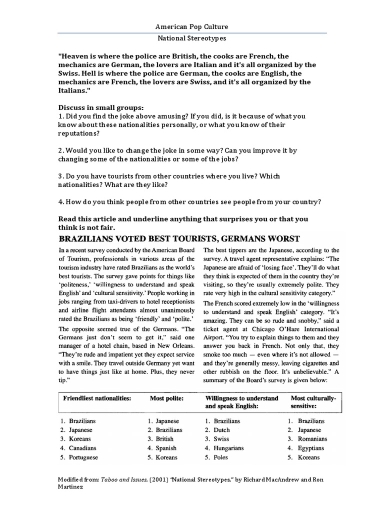 National Stereotypes in Pop Culture | PDF | Tourism | Languages