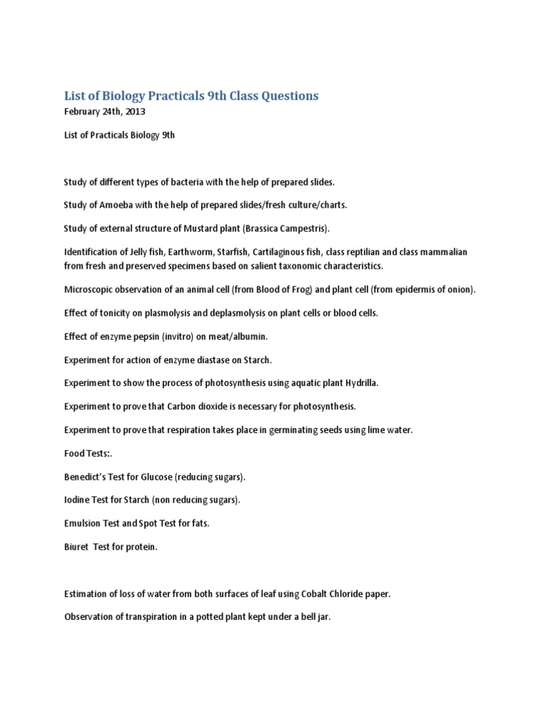 Class 9 Biology Practical Experiments | PDF | Science & Mathematics