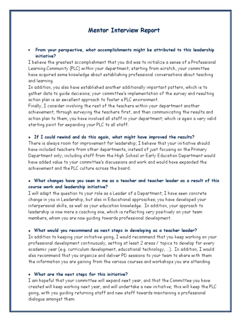 Mentor Interview Report | PDF | Leadership | Mentorship