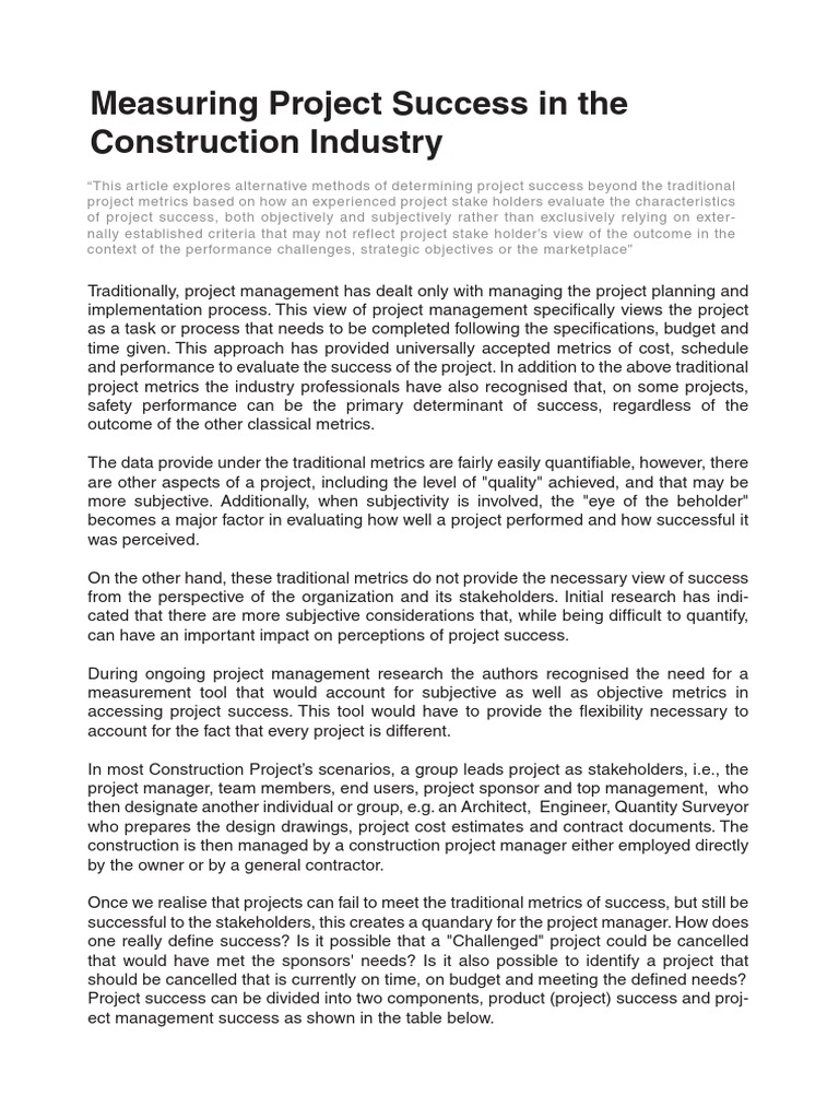 Measuring Construction Project Success: Developing a Standardized ...