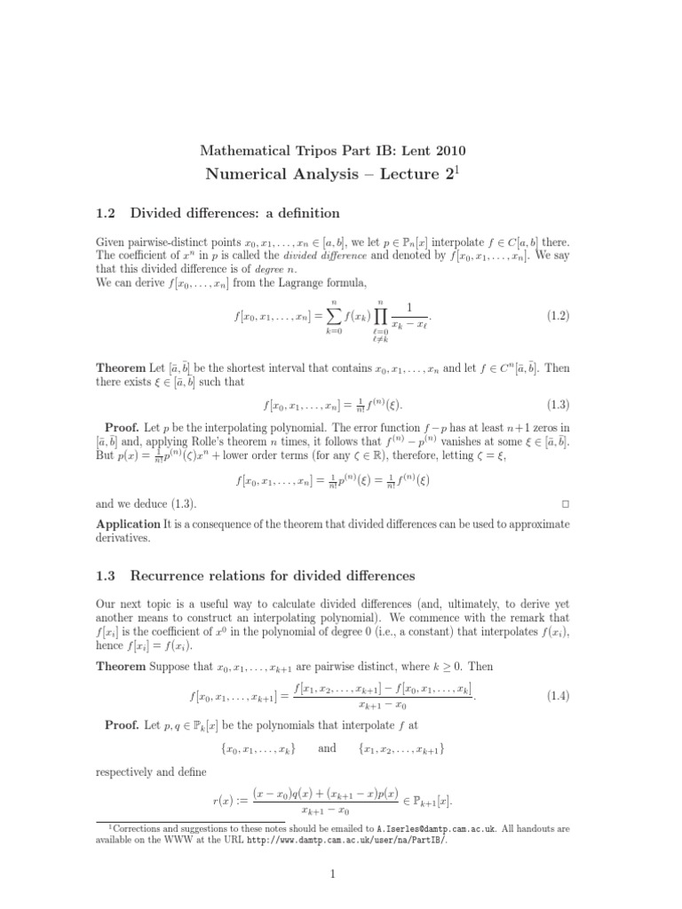Numerical Analysis - Lecture 2: Mathematical Tripos Part IB: Lent 2010 ...