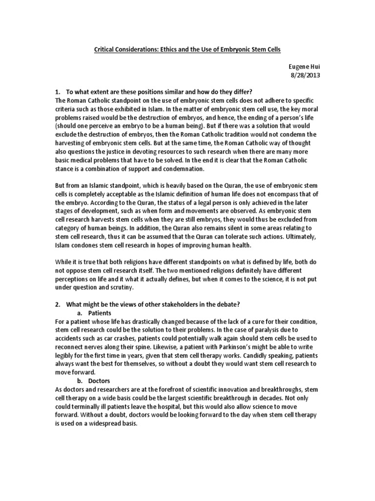 Critical Considerations - Ethics and Esc | PDF | Embryonic Stem Cell ...