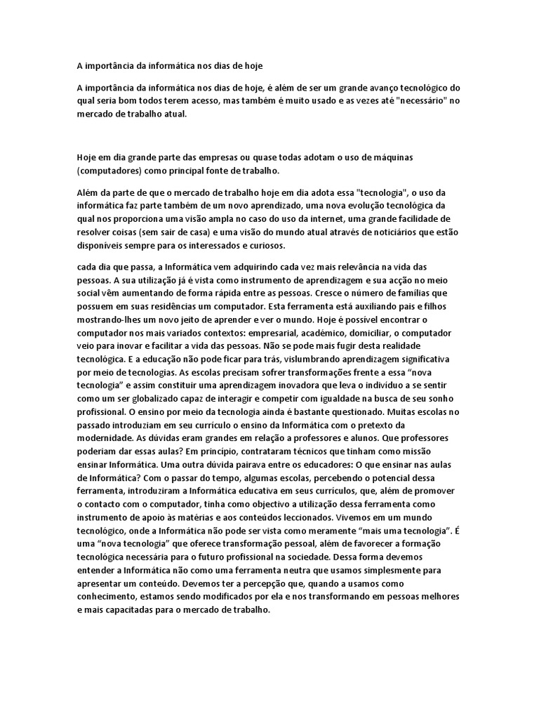 A Importância Da Informática Nos Dias de Hoje | PDF | Tecnologia da ...