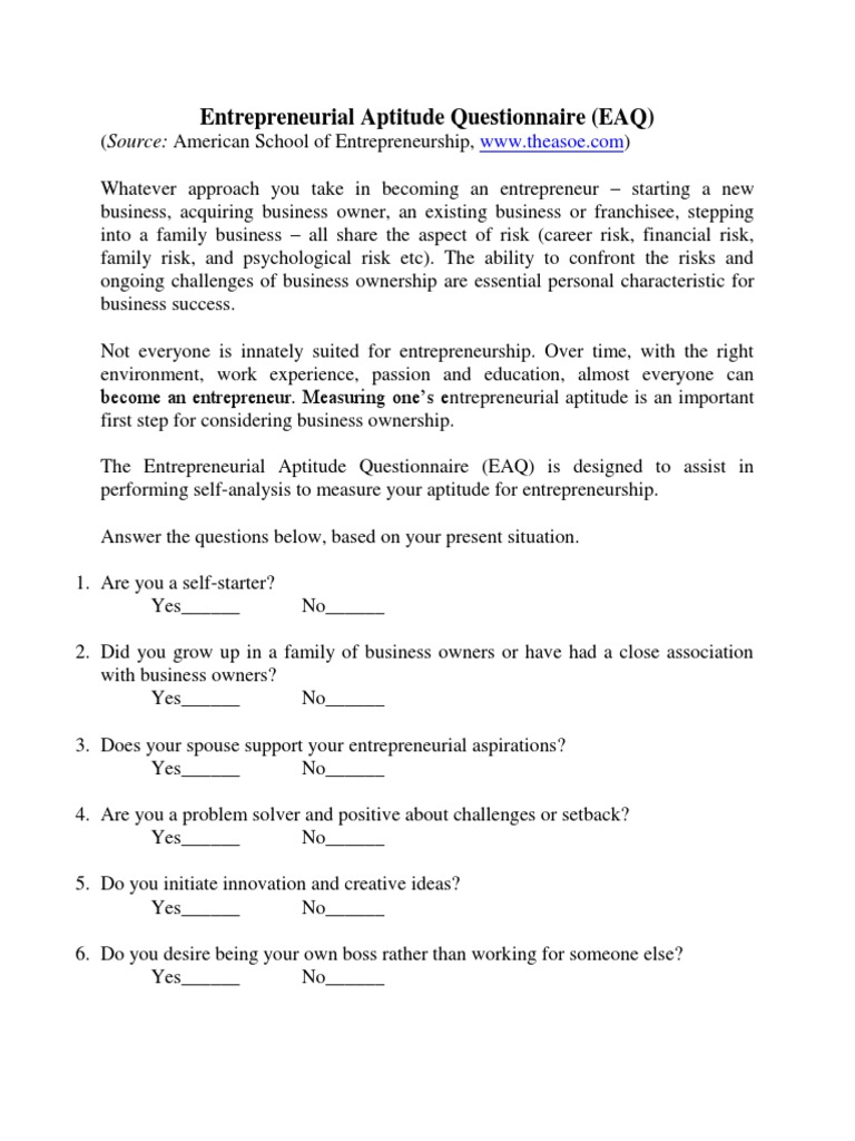 Entrepreneurial Aptitude Questionnaire | PDF | Entrepreneurship ...