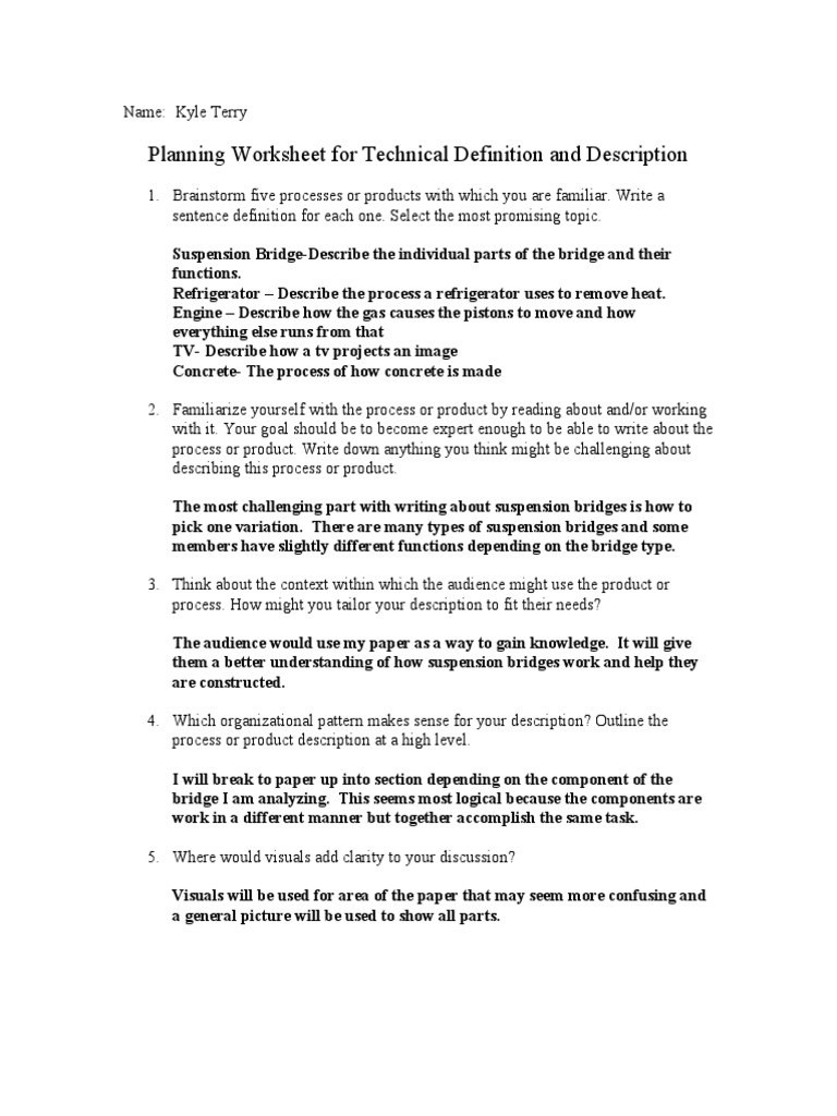 Planning Worksheet For Technical Definition and Description | PDF