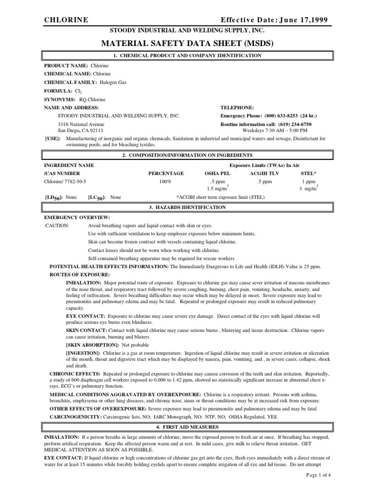 Chlorine MSDS | PDF | Chlorine | Dangerous Goods
