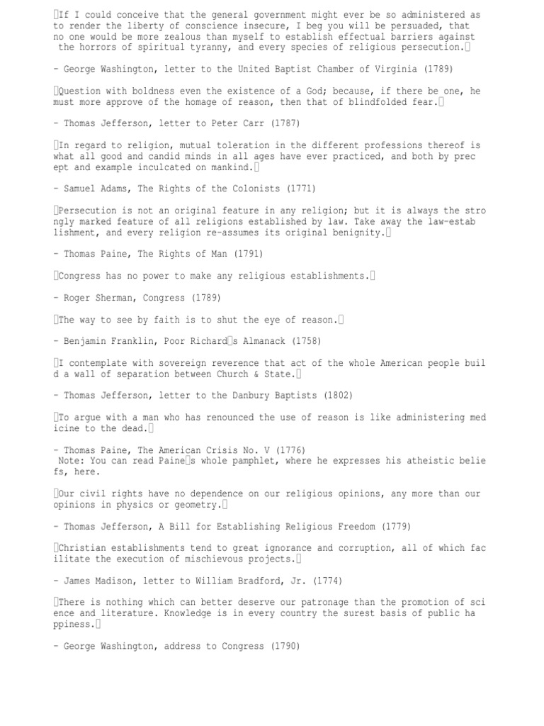 Founding Fathers on Religion & State | PDF | Separation Of Church And ...