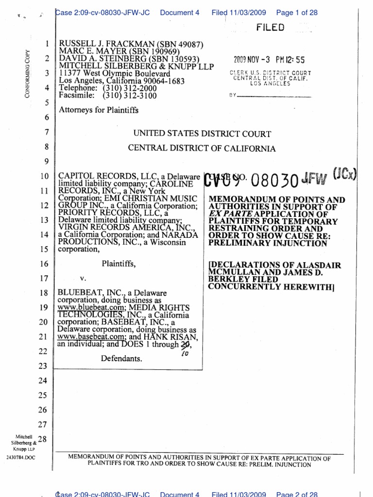 Motion For TRO in Capitol v. BlueBeat | PDF
