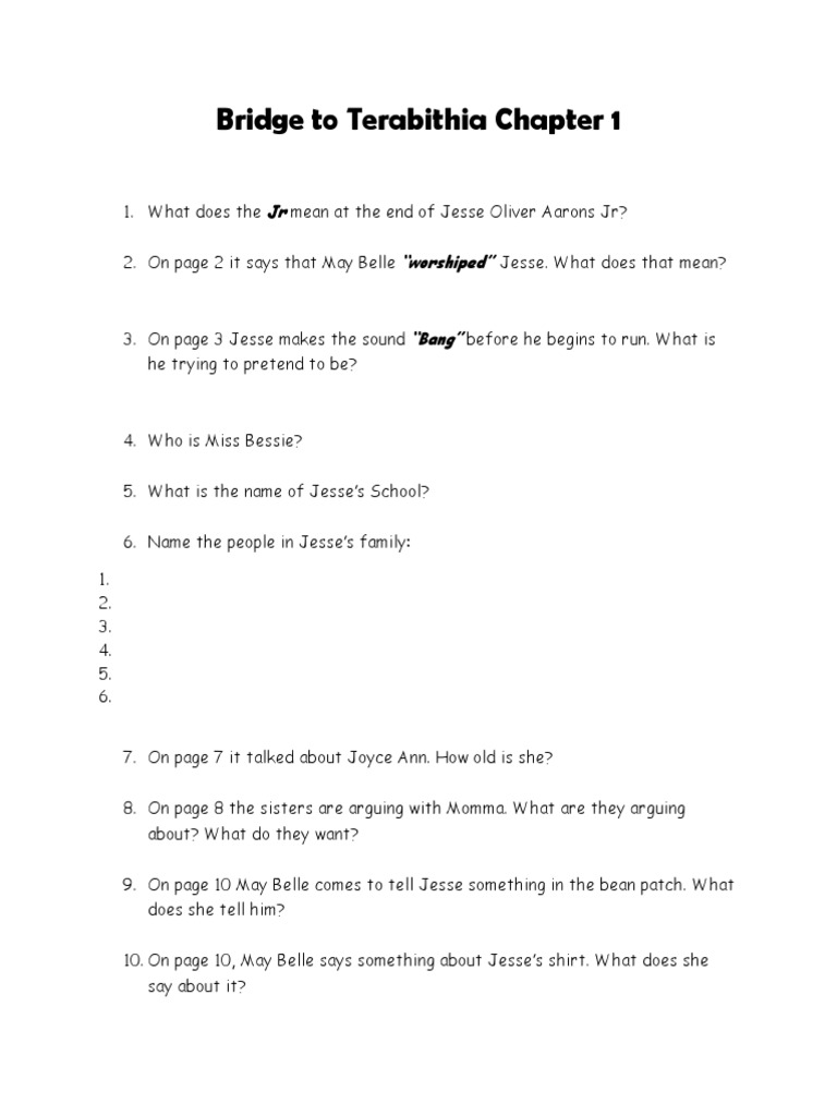 Bridge to Terabithia Chapter 1 Q&A | PDF