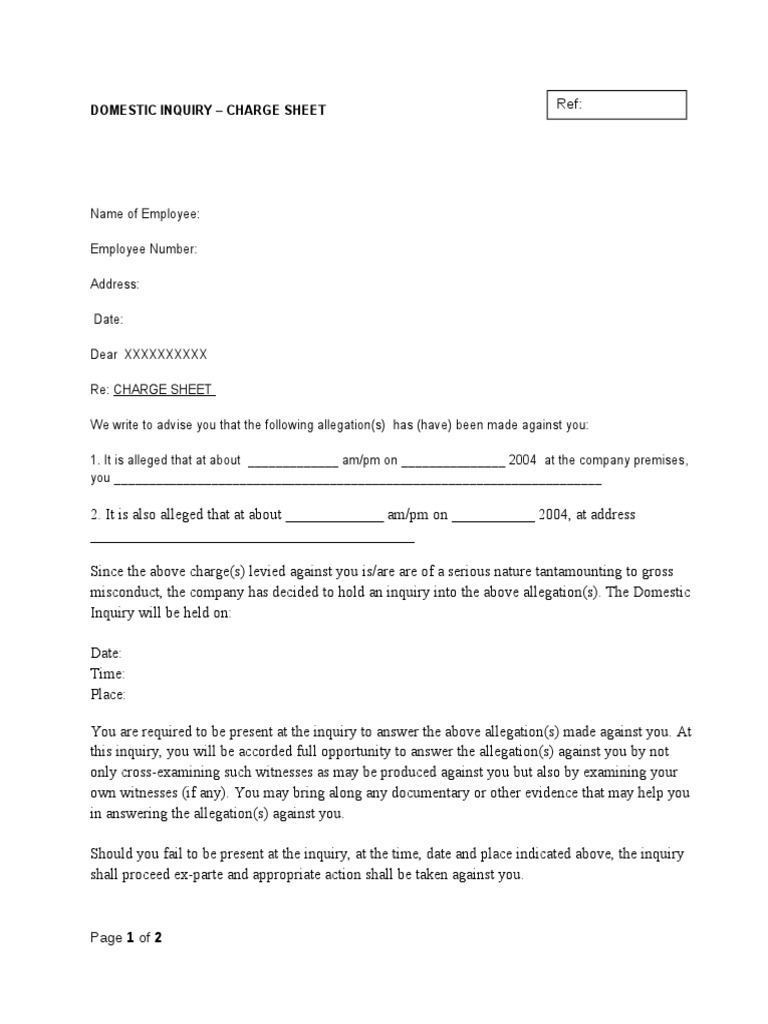 Domestic Inquiry Charge Sheet Template | PDF
