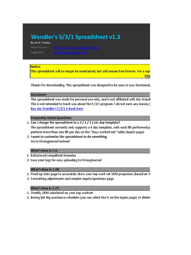 Wendler 5-3-1 v1.3 | PDF | Spreadsheet | Computing