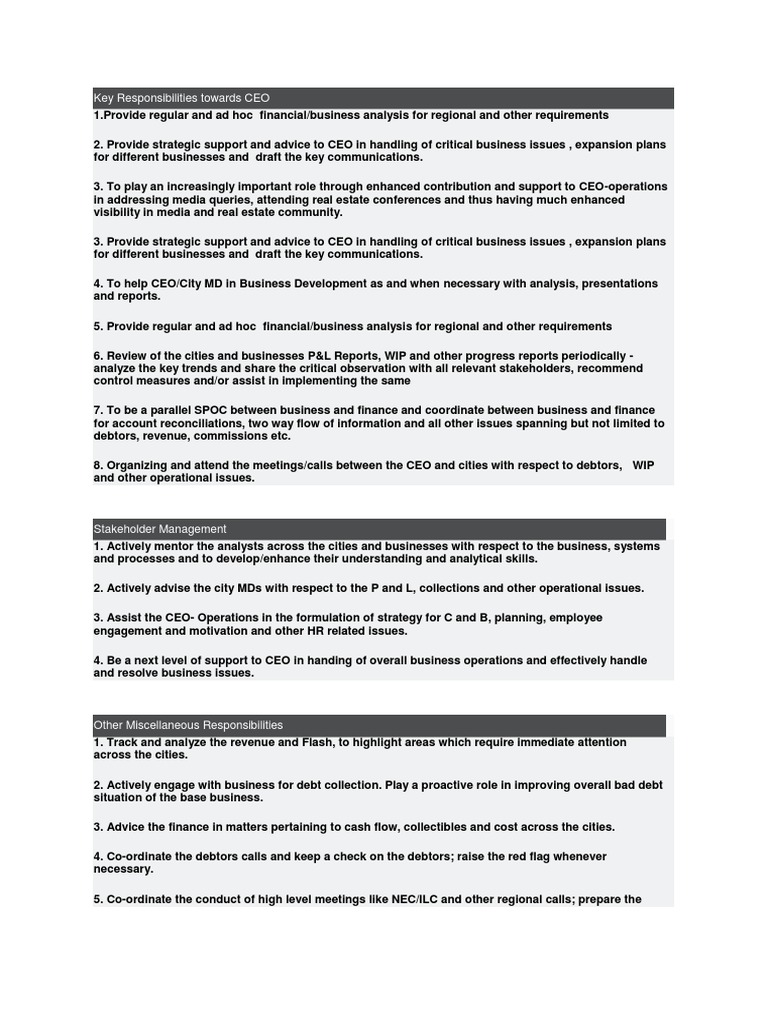 Key Responsibilities Towards CEO | PDF | Chief Executive Officer ...