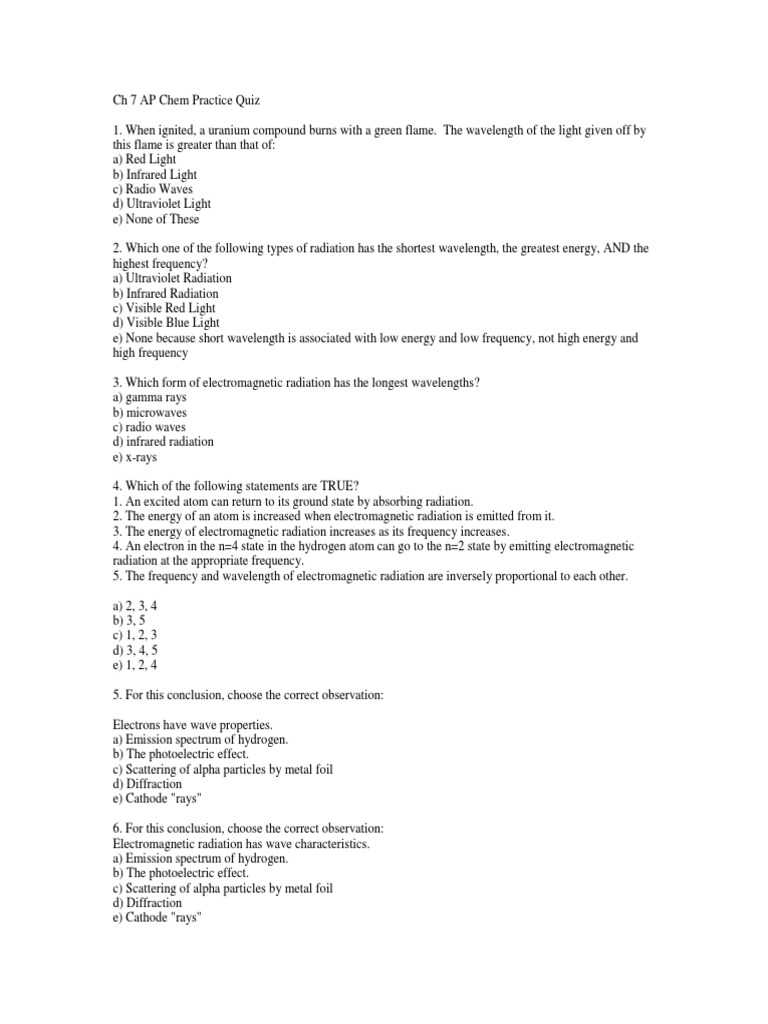 AP Chem CH 7 Practice Quiz | PDF | Electromagnetic Radiation | Light