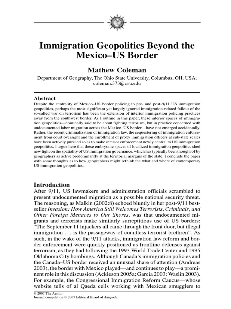 Coleman - Immigration Geopolitics Beyond Mexico-US Border | PDF ...