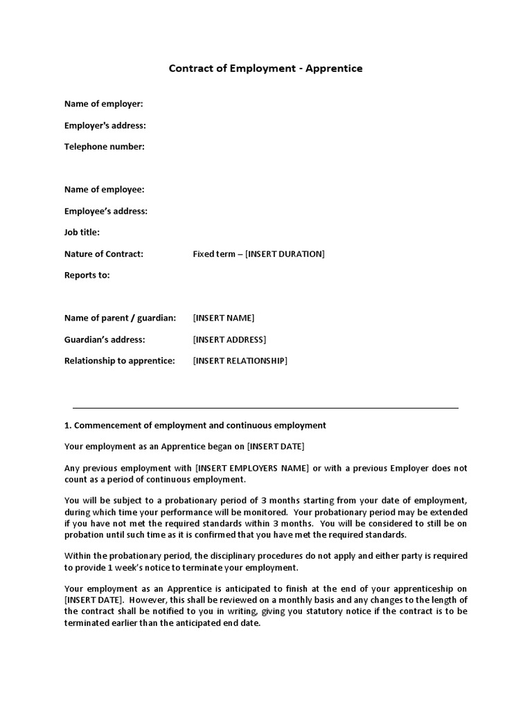 apprentice contract of employment template generic | Apprenticeship ...