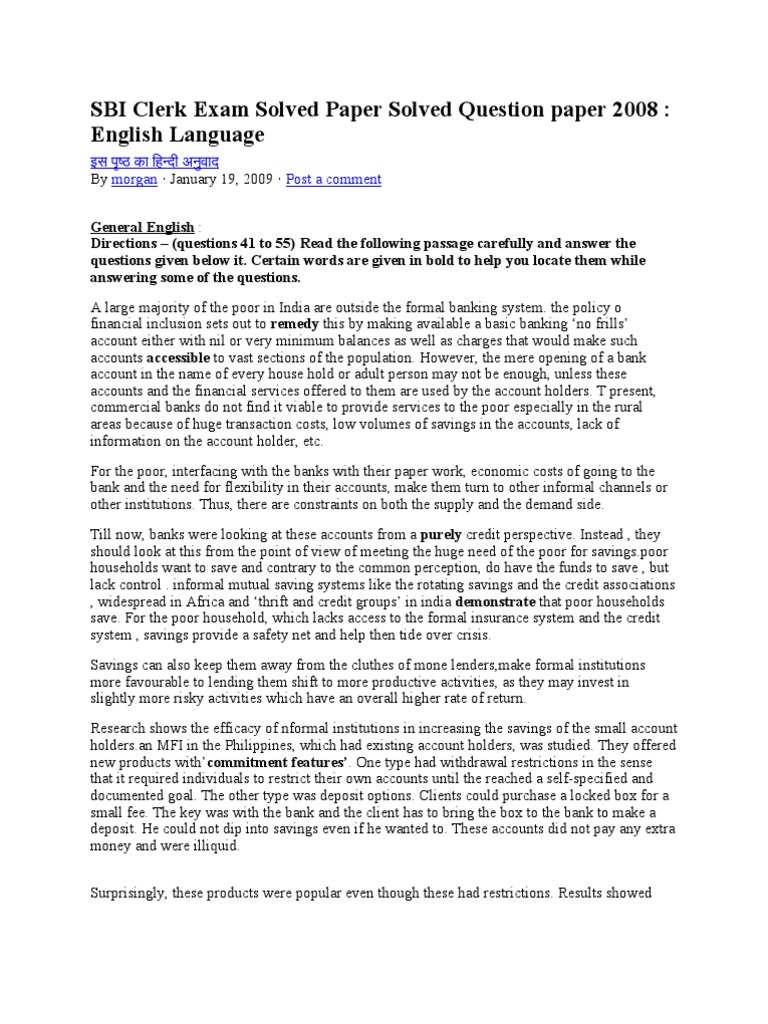 SBI Clerk Exam Solved Paper Solved Question Paper 2008 | PDF ...