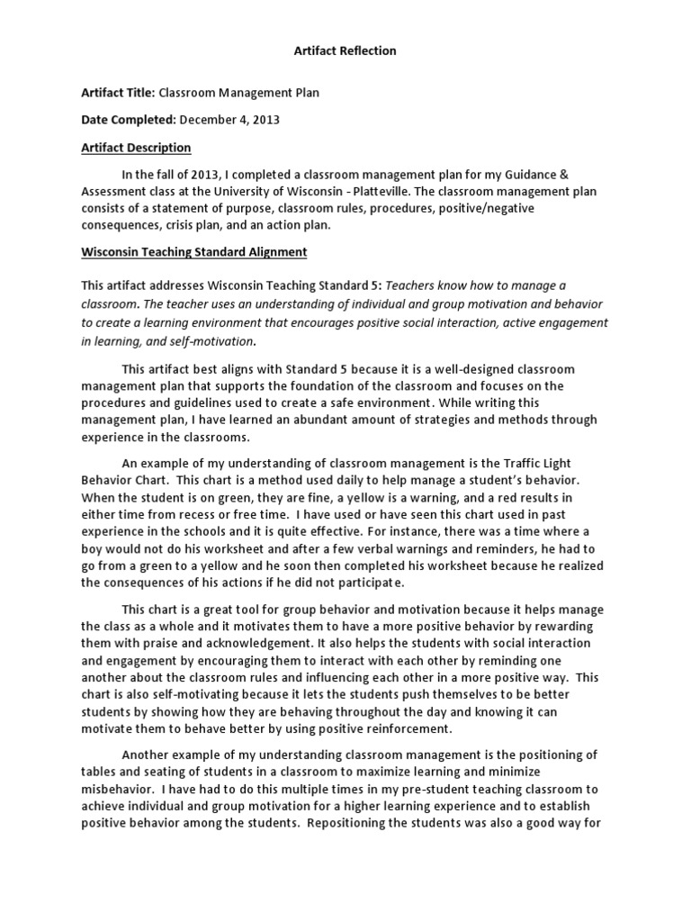 Standard 5 Artifact Reflection | PDF | Classroom Management | Motivation