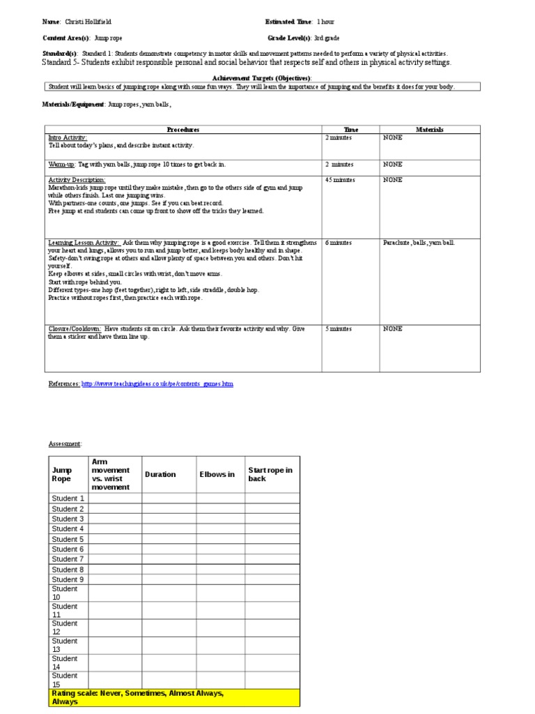 Lesson 5 Jump Rope | PDF | Learning | Behavior Modification