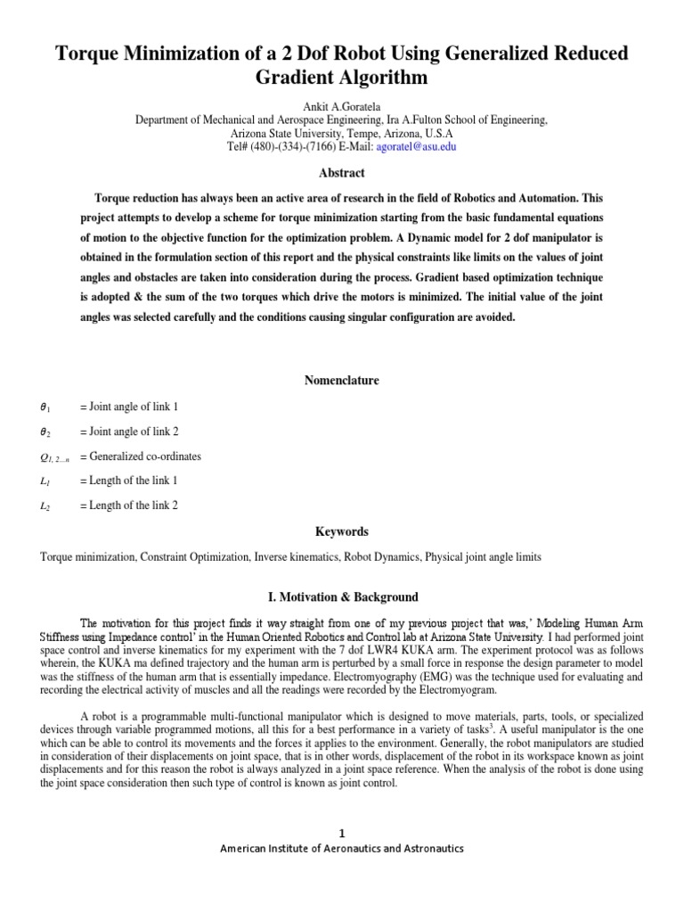 Minimizing Torque of a 2 Degree of Freedom Robot Using the Generalized Reduced Gradient ...