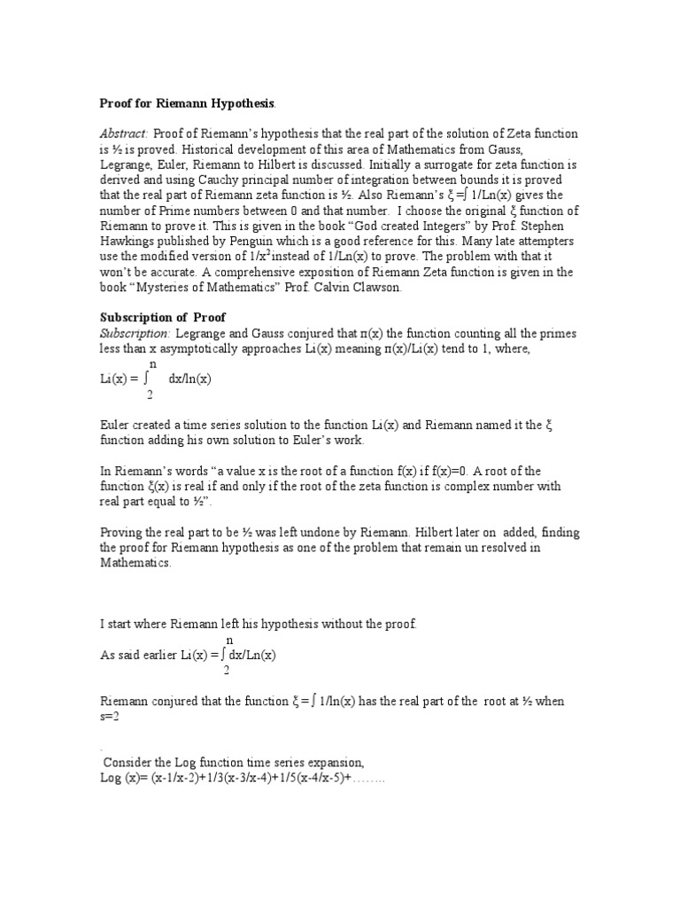 Proof of Riemann Hypothesis | PDF | Prime Number | Numbers