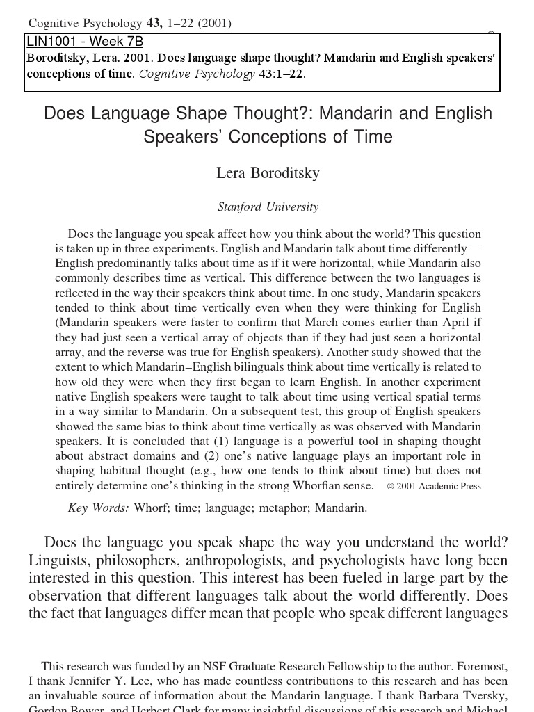 Boroditsky Lera. (2001) Does Language Shape Thought | PDF | Time | Thought