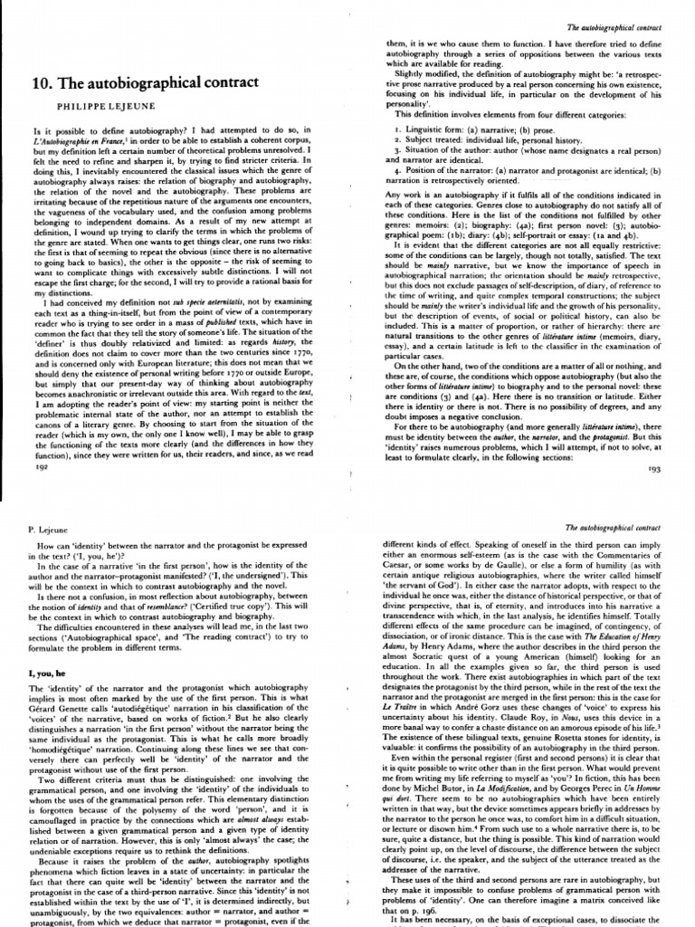 Philippe Lejeune The Autobiographical Contract | PDF | Autobiographies ...