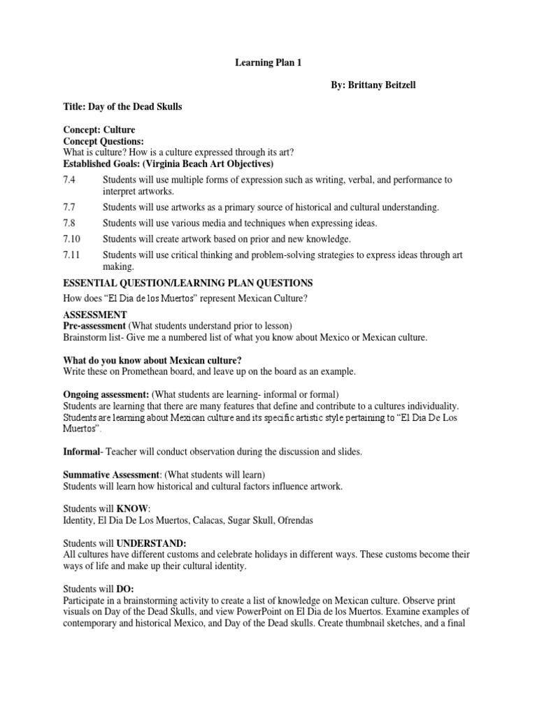 Dia de Los Muertos Skulls Lesson Plan | PDF | Mexico | Educational ...