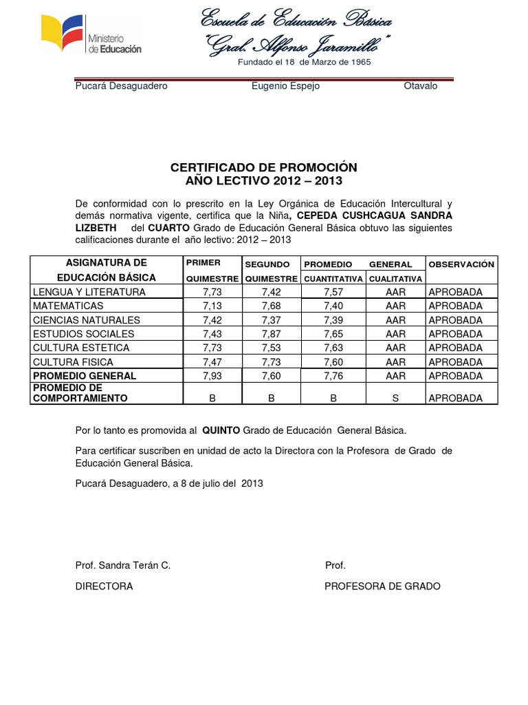 Certificados de Promoción 2012-2013 | PDF