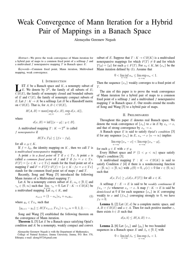 Weak Convergence of Mann Iteration For A Hybrid Pair of Mappings in A Banach Space | PDF ...