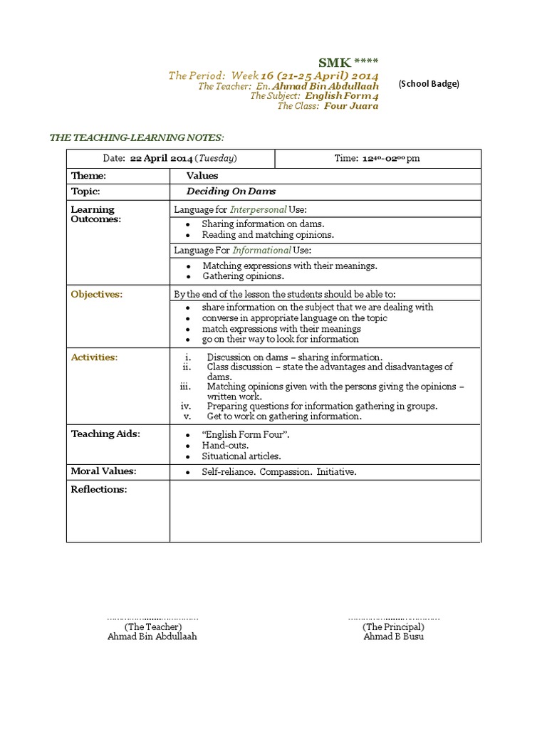 Sample of Form 4 English Daily Lesson Notes (For 21-25 Apr 2014 ...