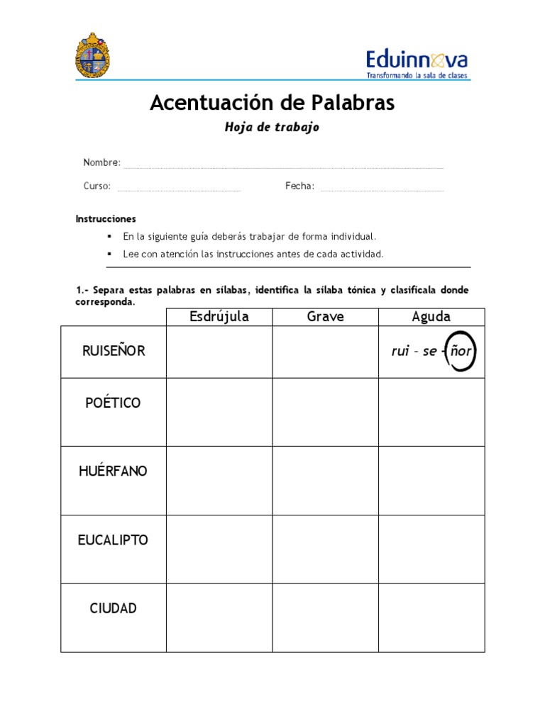 Acentuación de palabras: Hoja de trabajo | PDF