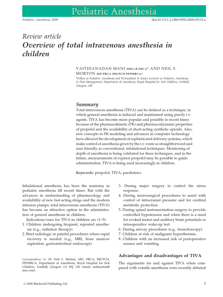 Overview of Total Intravenous Anesthesia in Children | PDF | Anesthesia | Pharmacokinetics