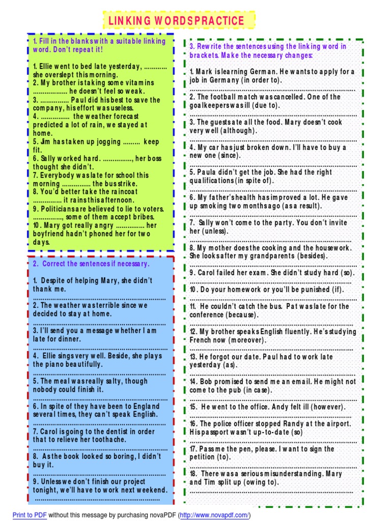 Linking Words Practice | PDF | Ellipsis | Teaching Mathematics