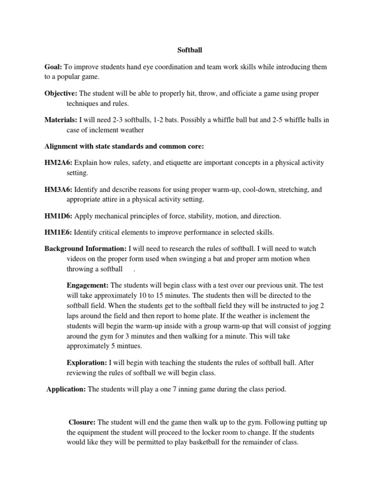 softball lesson plan | Softball | Lesson Plan