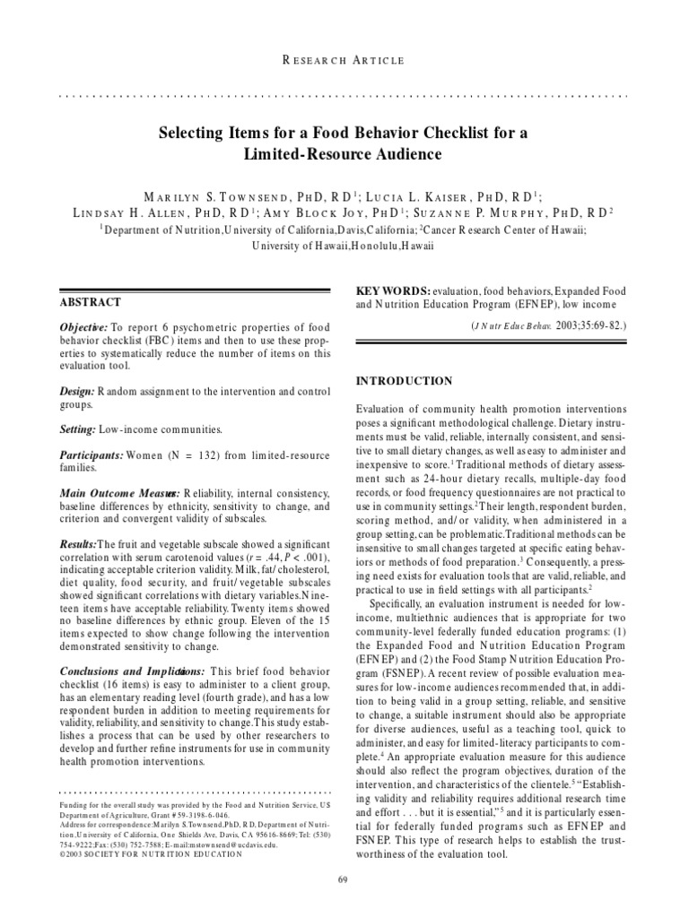 Selecting Items For A Food Behavior Checklist For A Limited ...