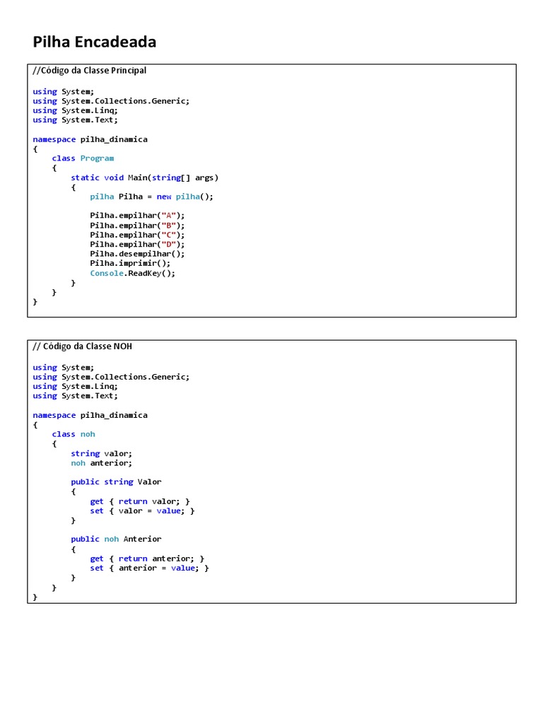Estrutura de Dados - Pilha Encadeada - C# - Usando Classes | PDF