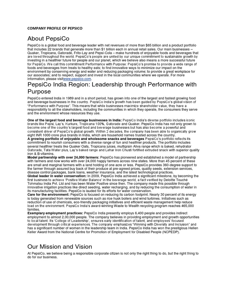 Company Profile of Pepsico | PDF | Pepsi Co | Potato Chip