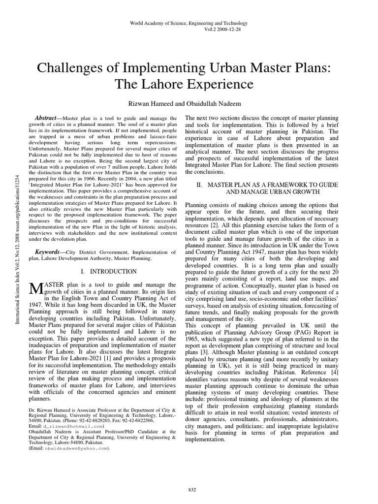 Challenges of Implementing Urban Master PlansThe Lahore Experience ...