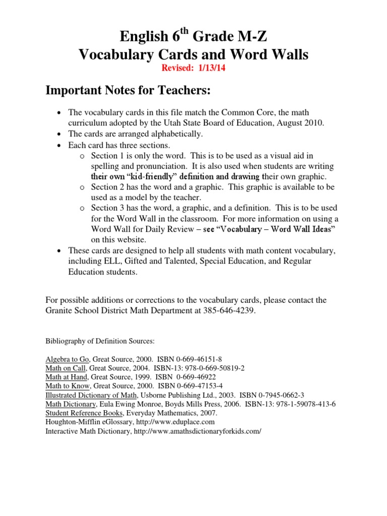 Vocabulary Cards 6th Grade M-Z | PDF | Mean | Subtraction