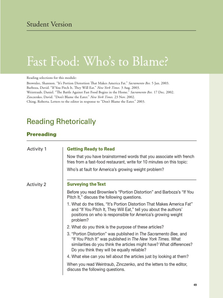 Fast Food Student Version | PDF | Essays | Argument