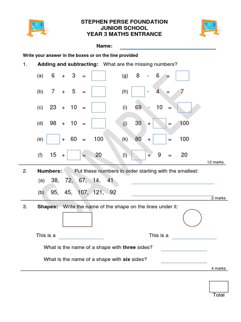 Year 3 Maths Entrance Exam Paper | PDF | Teaching Methods & Materials