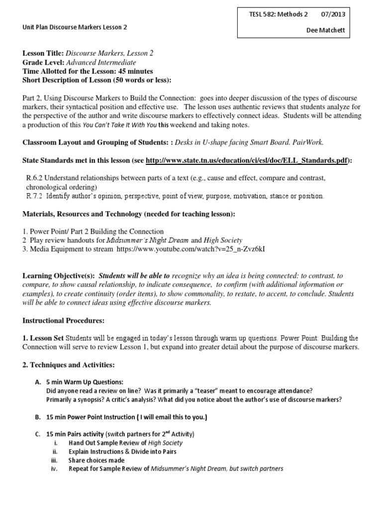 unit plan discourse markers lesson 2 | Causality | Classroom unit plan discourse markers lesson 2 | Causality | Classroom