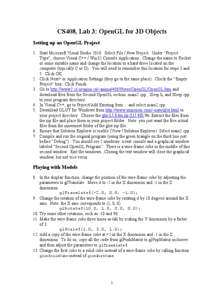 Cs408 Lab 3 Opengl For 3d Objects Setting Up An Opengl Project Pdf