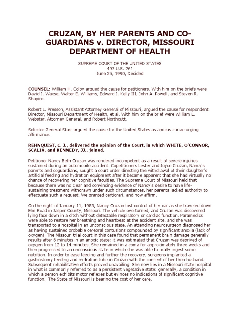 The Case of Nancy Beth Cruzan and Karen Ann Quinlan | PDF | United ...