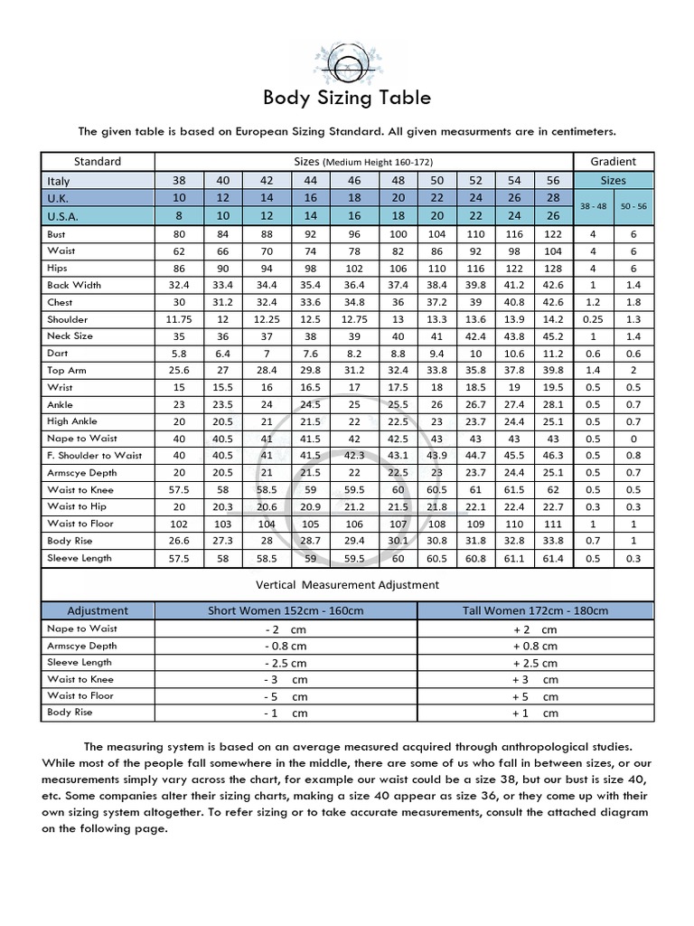 Body Sizing Table | PDF | Waist | Clothing