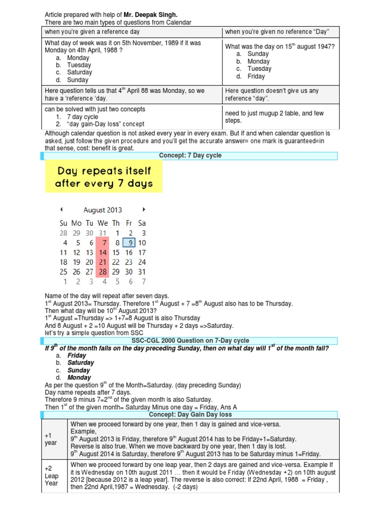 Reasoning Calendar Questions Finding Day or Date, Concepts, Shortcuts ...