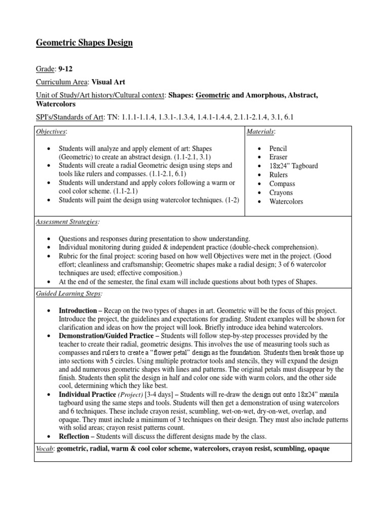 Geometric Shape Lesson Plan | PDF | Watercolor Painting | Lesson Plan