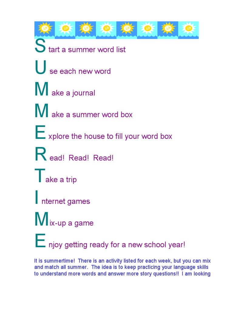 Summer Language Skills Activities | PDF | Leisure | Business