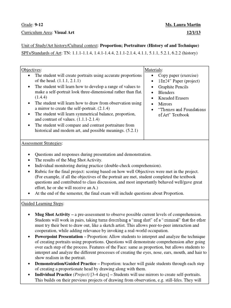 Proportion/Portrait Lesson Plan | PDF | Portrait Painting | Reading ...